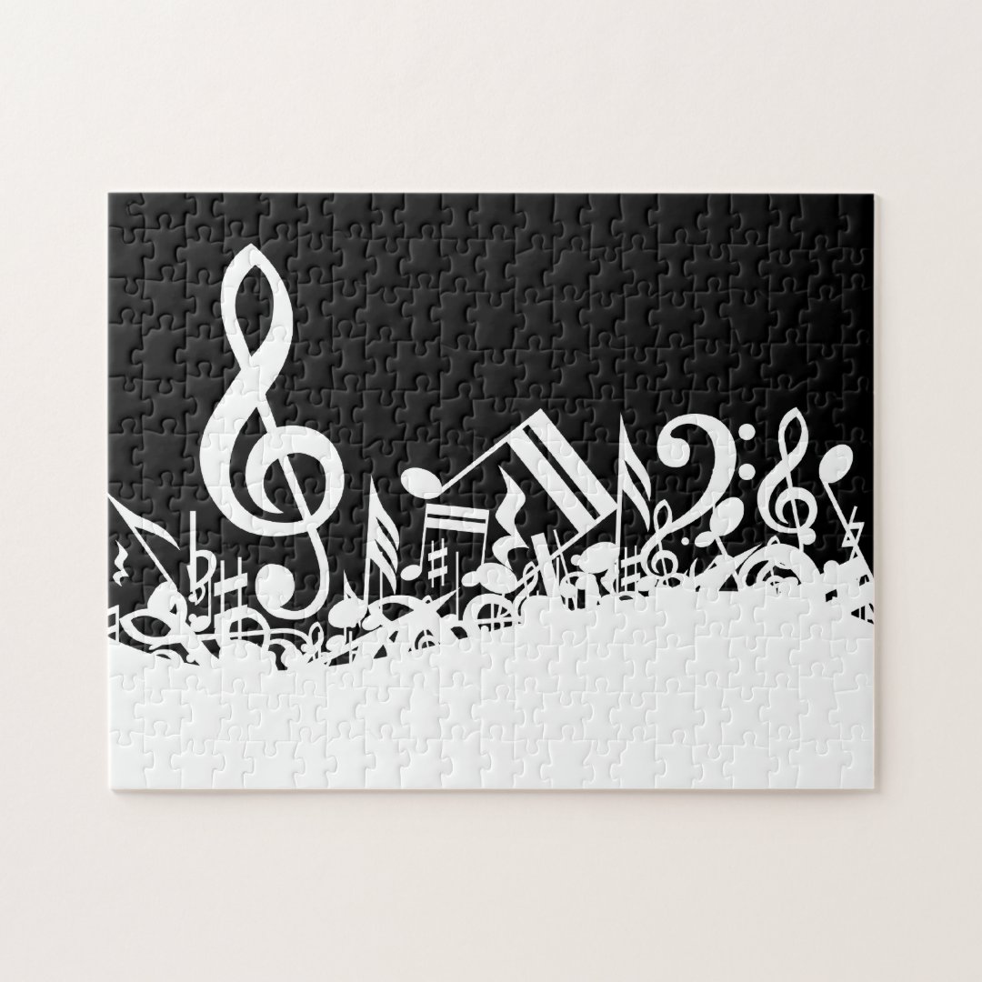 White Jumbled Musical Notes on Black Jigsaw Puzzle | Zazzle