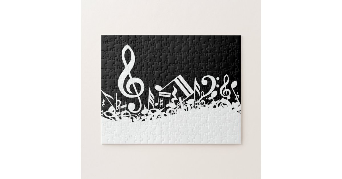 White Jumbled Musical Notes on Black Jigsaw Puzzle | Zazzle