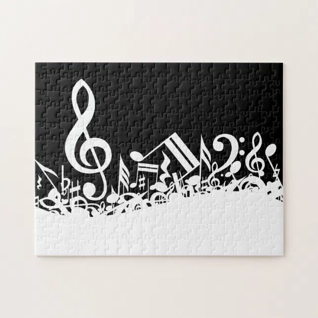 White Jumbled Musical Notes on Black Jigsaw Puzzle | Zazzle