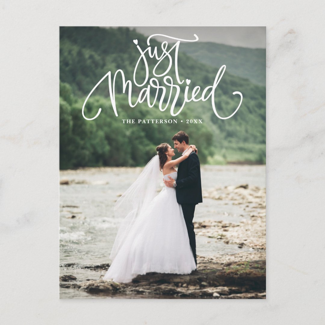 White Just Married Lettering Photo Wedding Announcement Postcard | Zazzle