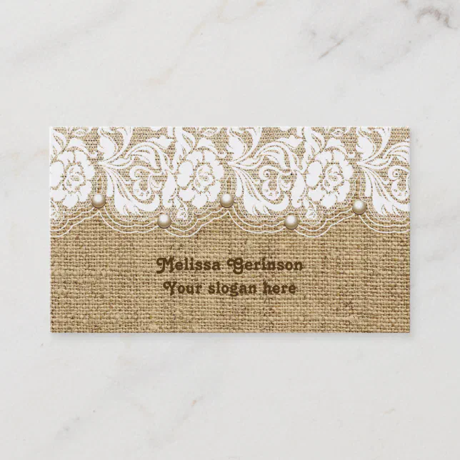 White lace and pearls on linen colored burlap business card | Zazzle