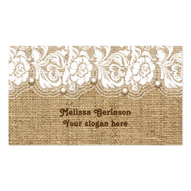 White lace and pearls on linen colored burlap business cards