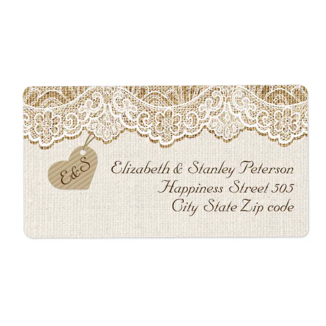 White lace & heart on burlap wedding label | Zazzle