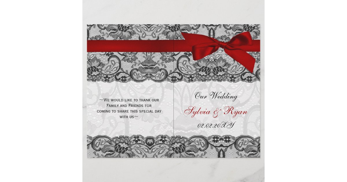 white lace,red ribbon book fold Wedding program | Zazzle
