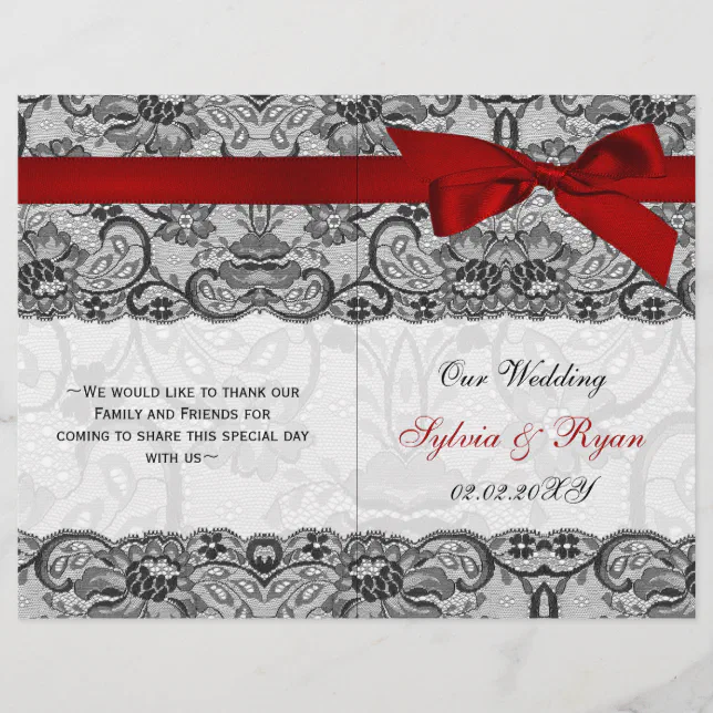 white lace,red ribbon book fold Wedding program | Zazzle