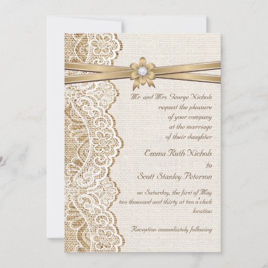 White lace, ribbon, flower & burlap wedding invitation | Zazzle.com