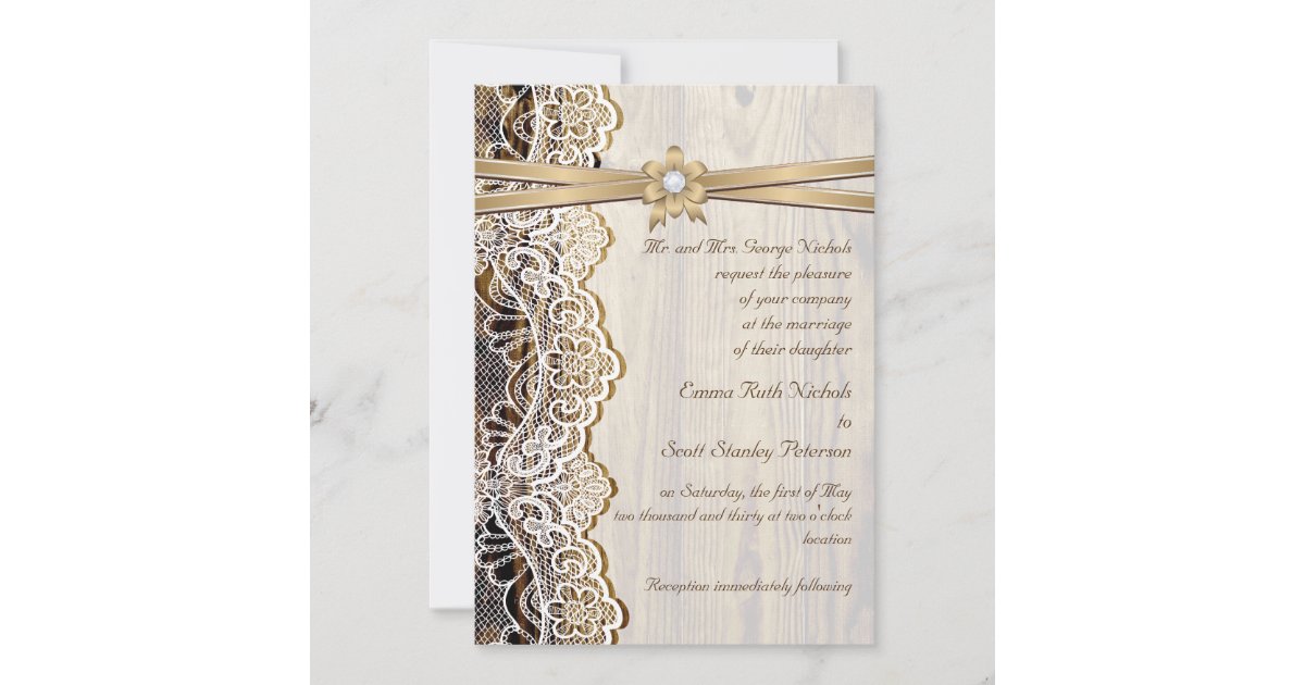 White lace, ribbon, flower & wood wedding invitation | Zazzle