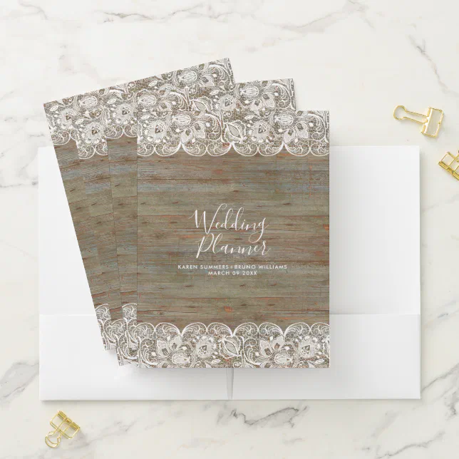White Lace & Rustic Faux Wood Wedding Design Pocket Folder | Zazzle