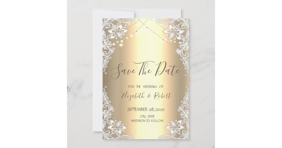 White Lace,String Lights Gold Save The Date | Zazzle