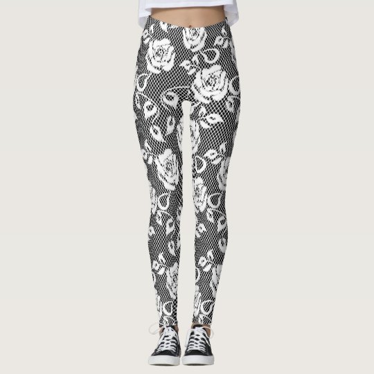 White Lace with Roses on Black Leggings | Zazzle.com
