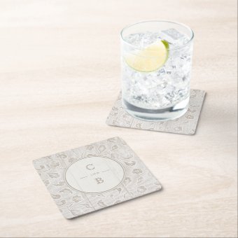 White lace wood rustic country wedding monogram square paper coaster ...