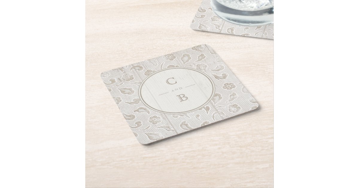 White lace wood rustic country wedding monogram square paper coaster ...