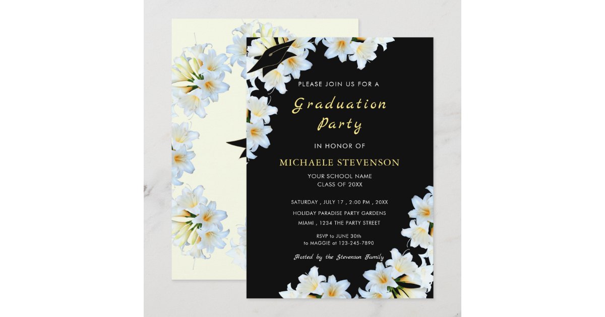 White Lilies Black Graduation Invitation Template | Zazzle