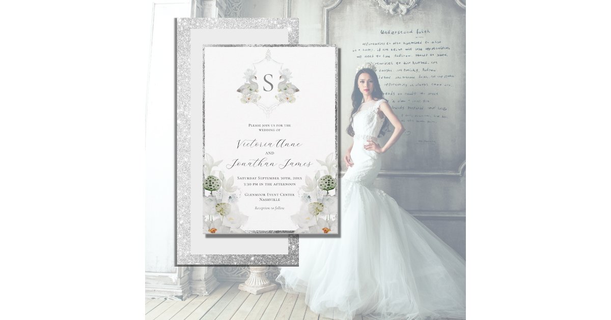 White Lilly Swan Monogram Crest Elegant Wedding Invitation | Zazzle