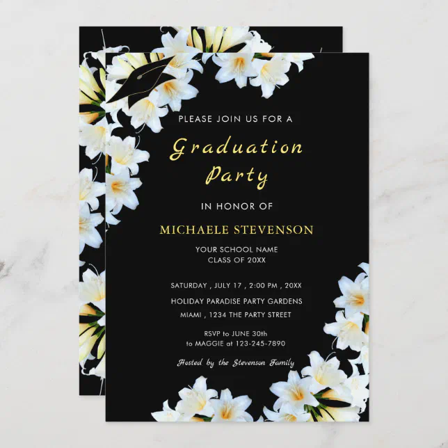 White Lily Black Graduation Invitation Template | Zazzle
