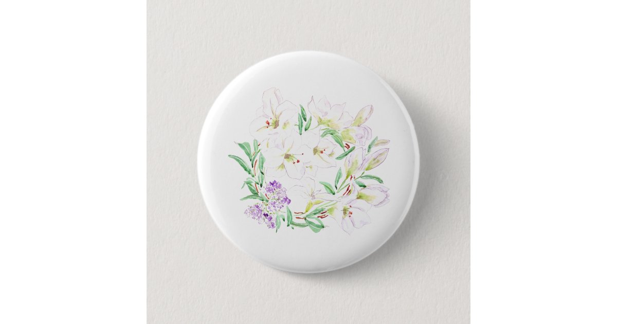 white lily flowers wreath watercolor painting button | Zazzle