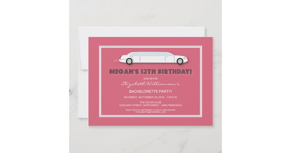 White Limo Birthday Party Invitation (pink) | Zazzle