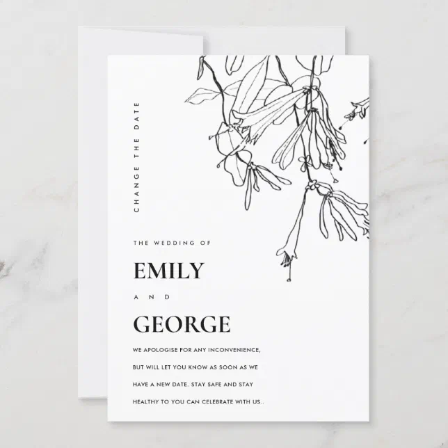 WHITE LINE DRAWING FLORAL CHANGE THE DATE CARD | Zazzle