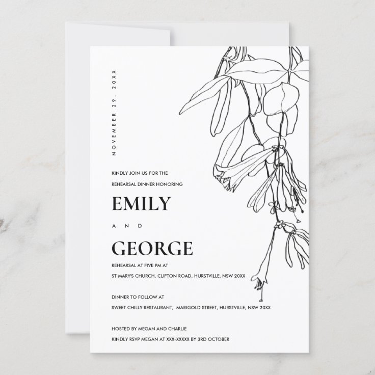 WHITE LINE DRAWING FLORAL REHEARSAL DINNER INVITE | Zazzle