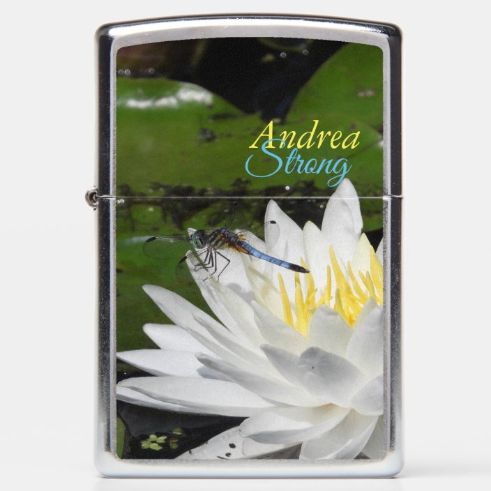 White Lotus Flower Blue Dragonfly Zippo Lighter | Zazzle.com