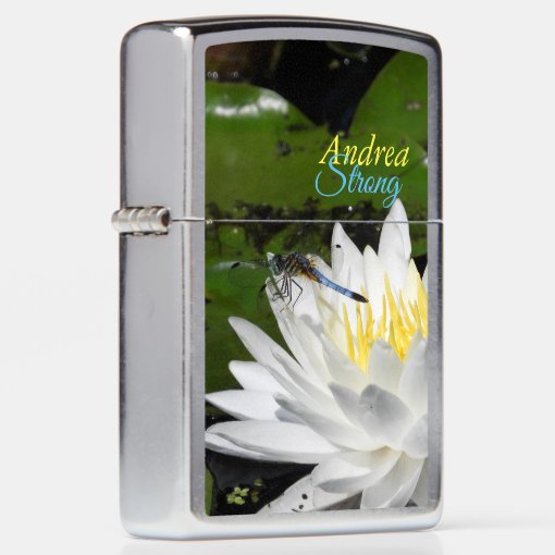 White Lotus Flower Blue Dragonfly Zippo Lighter | Zazzle