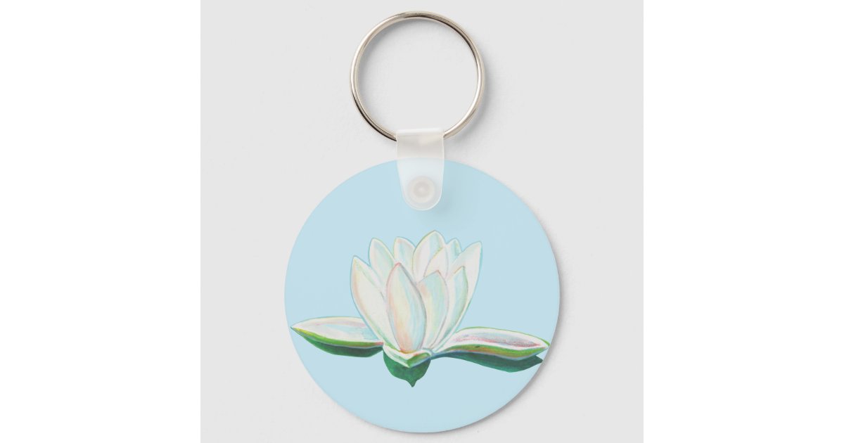 White Lotus Flower Illustration Button Keychain | Zazzle