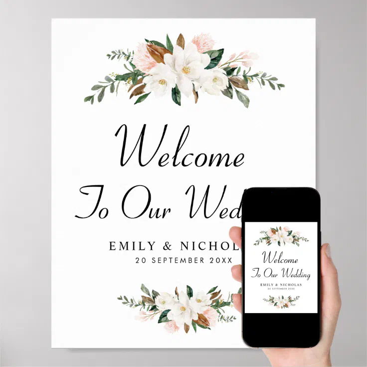 white magnolia floral welcome wedding sign | Zazzle