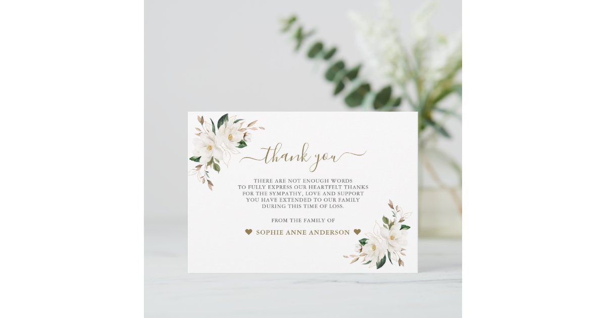White Magnolia Flowers Photo In Loving Memory Thank You Card | Zazzle