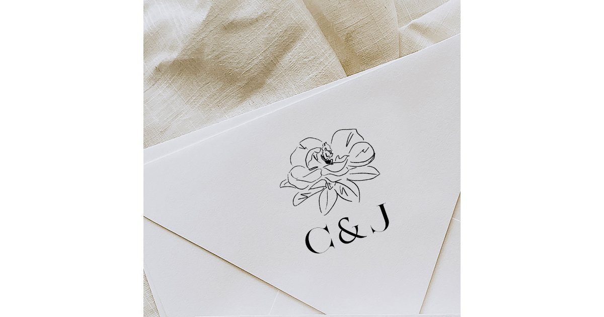 White Magnolia Illustration Custom Initials Rubber Stamp | Zazzle