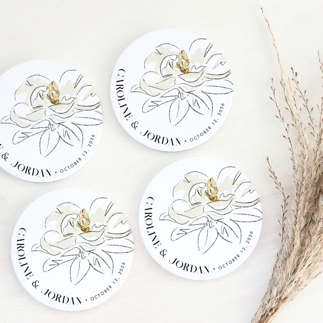 White Magnolia Illustration Wedding Custom Name Coaster | Zazzle