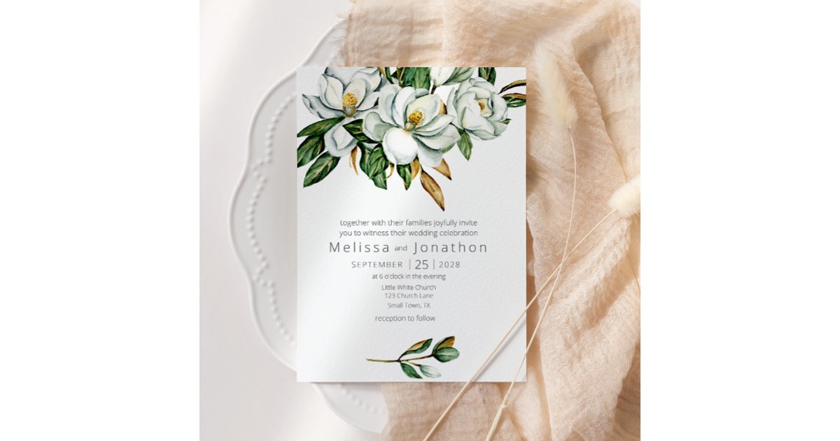 White Magnolia Rustic Floral Wedding Invitation | Zazzle