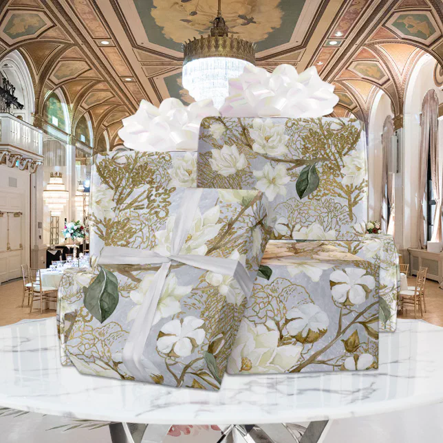 White Magnolia Silver Gold Ferns Floral Wedding Wrapping Paper | Zazzle