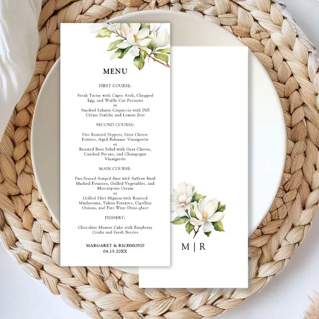 White Magnolia Watercolor Floral Wedding Menu | Zazzle