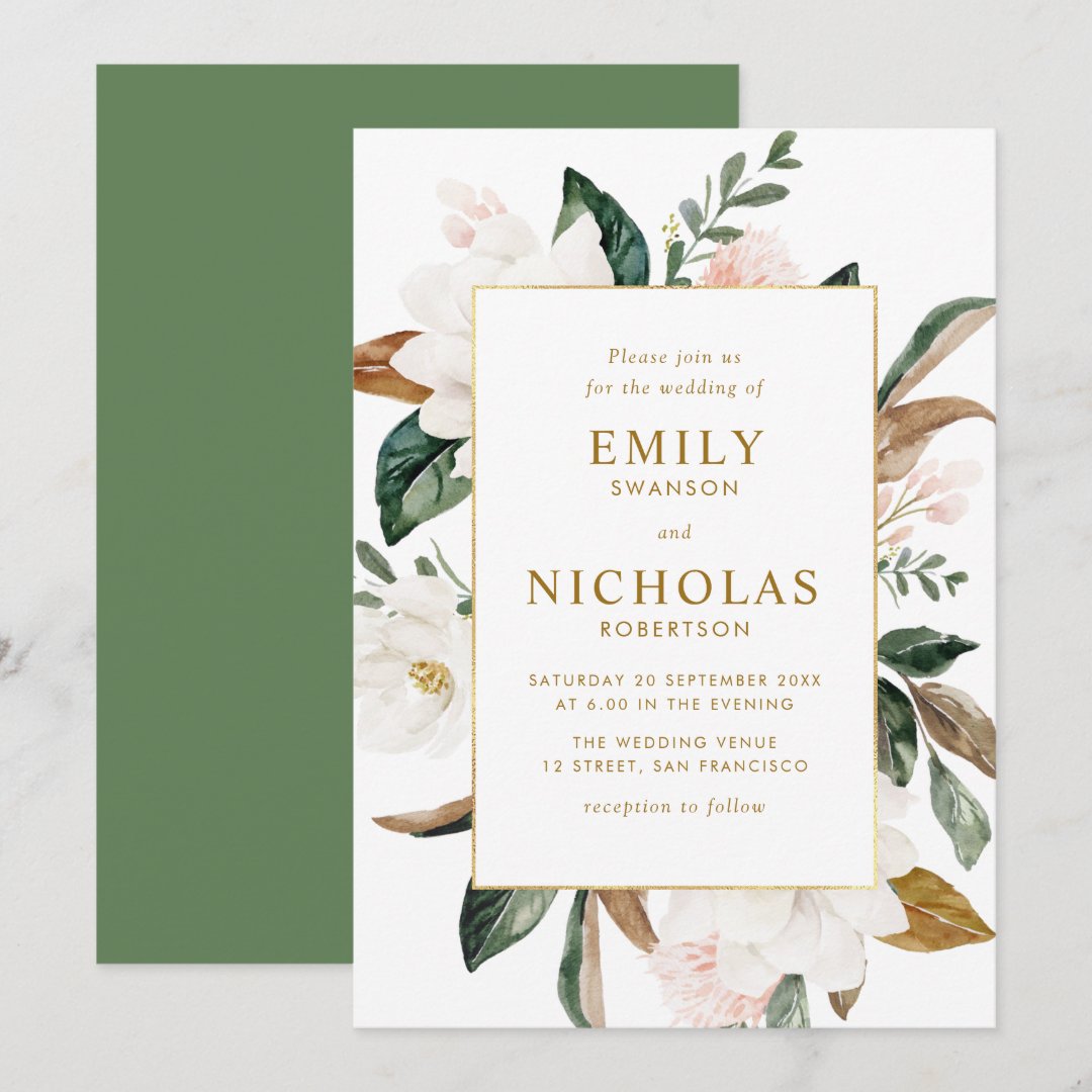 White magnolias gold frame wedding invitation | Zazzle