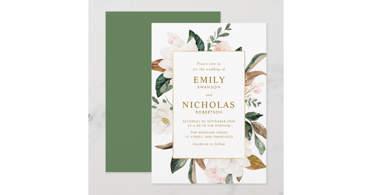 White magnolias gold frame wedding invitation | Zazzle