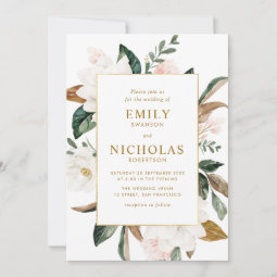 White magnolias gold frame wedding invitation | Zazzle