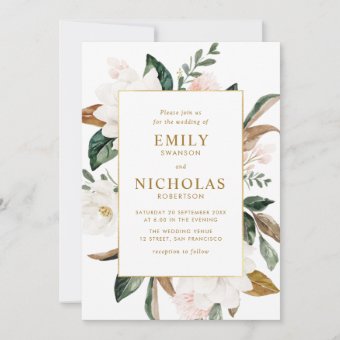 White magnolias gold frame wedding invitation | Zazzle