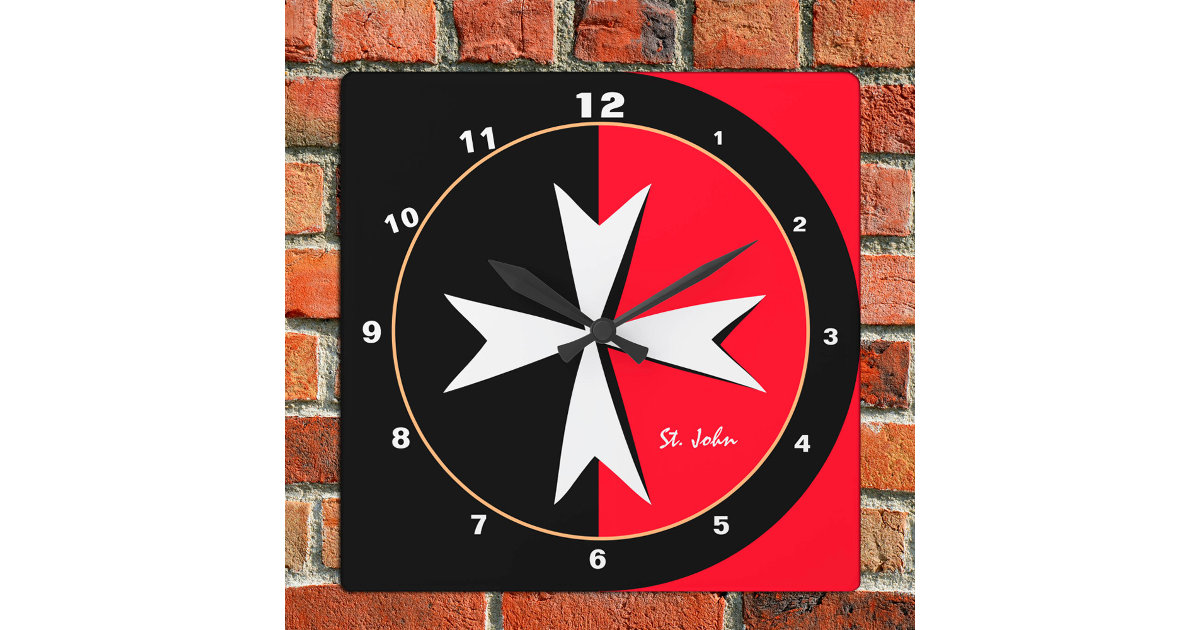 White Maltese Cross & Malta flag, house / knights Square Wall Clock ...