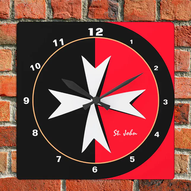 White Maltese Cross & Malta flag, house / knights Square Wall Clock ...