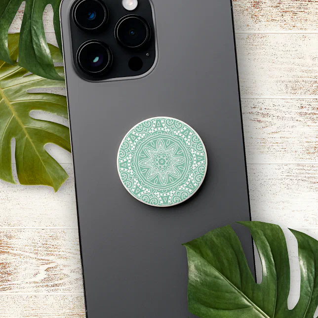 White Mandala Star On Pastel Mint Green PopSocket | Zazzle
