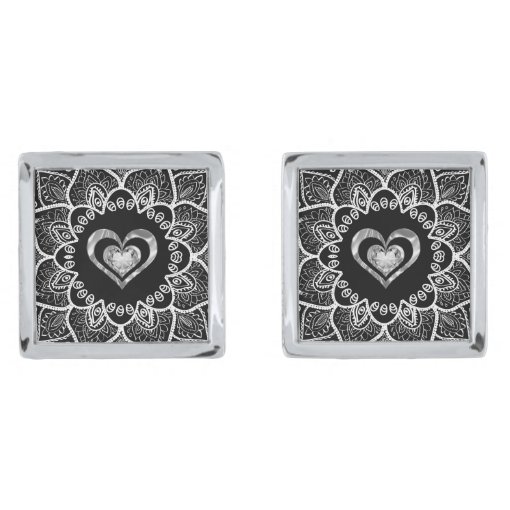 White mandala white faux diamond double-heart cufflinks | Zazzle