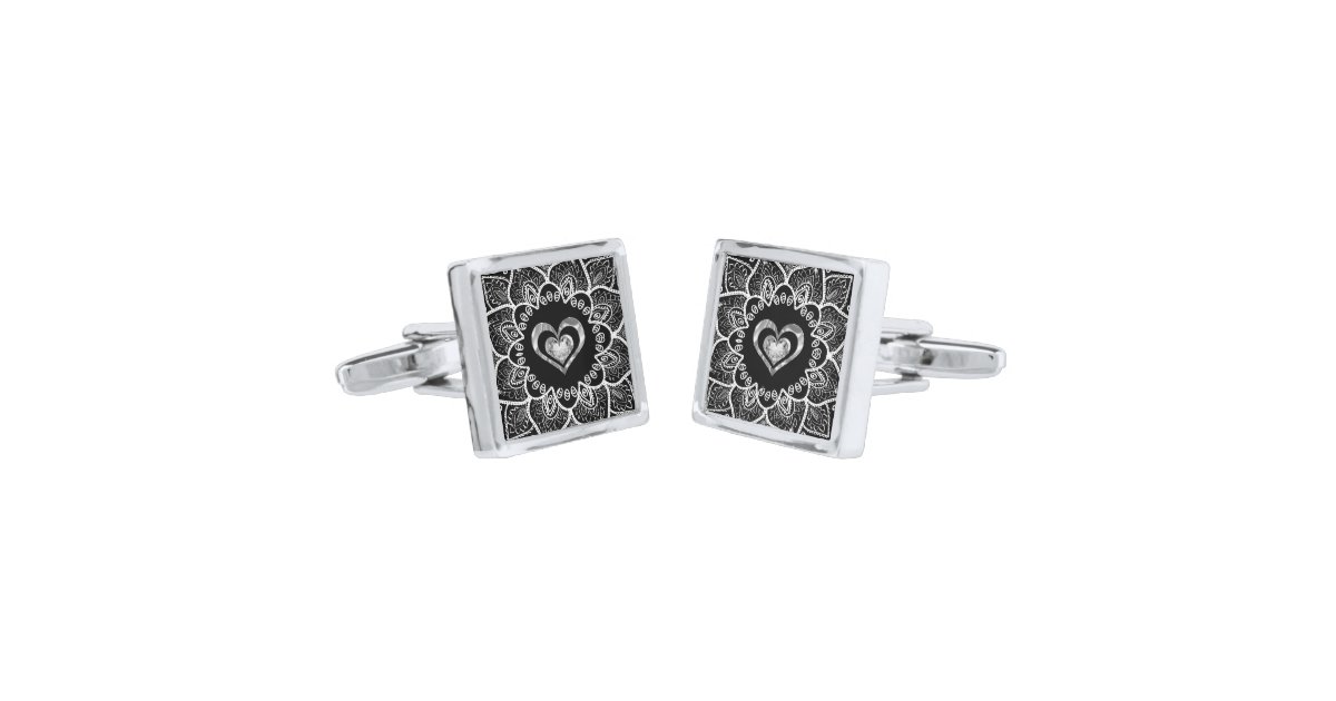 White mandala white faux diamond double-heart cufflinks | Zazzle