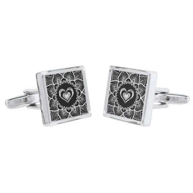 White mandala white faux diamond double-heart cufflinks | Zazzle