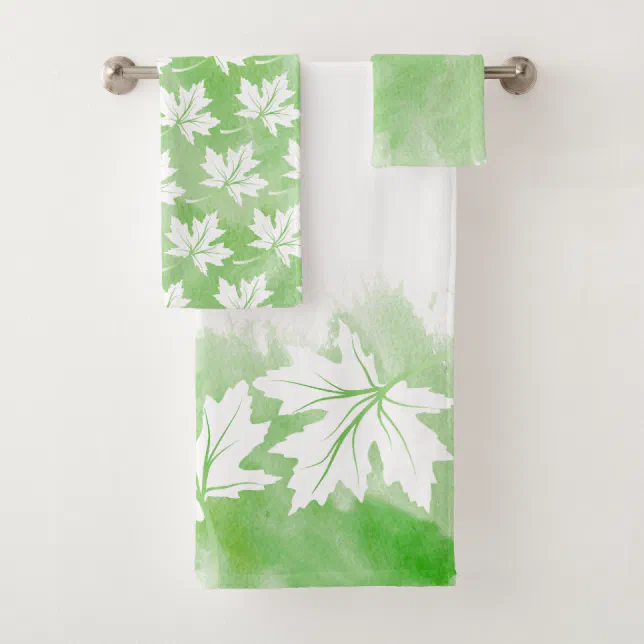 White maple leaf green watercolor wash, monogram bath towel set | Zazzle