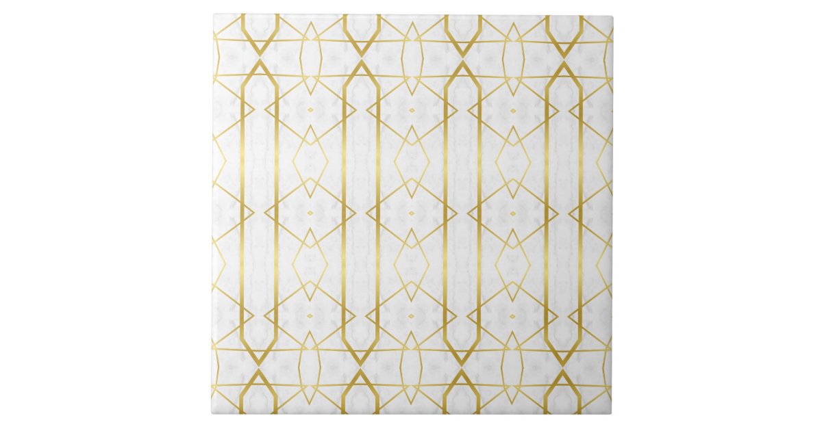 White Marble and Gold Geometric pattern Ceramic Tile | Zazzle