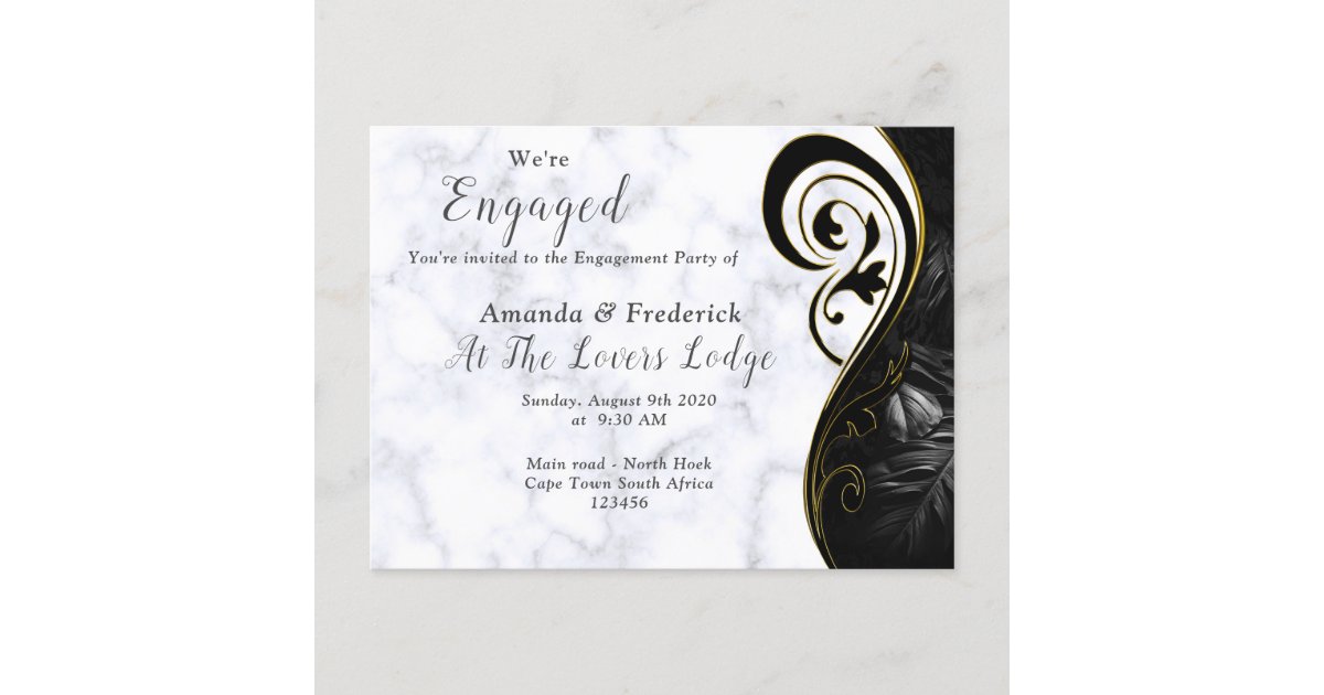 White Marble - Black Abstract Engagement Invitation Postcard | Zazzle