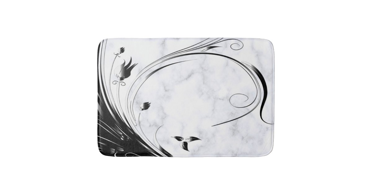White Marble, Black Filigree Graphic Bath Mat | Zazzle