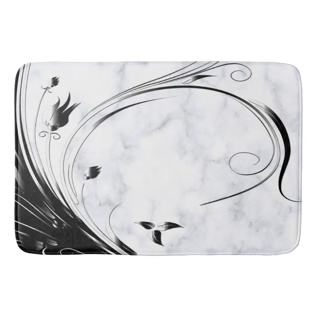 White Marble, Black Filigree Graphic Bath Mat | Zazzle