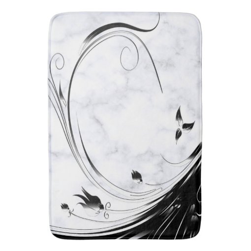 White Marble, Black Filigree Graphic Bath Mat | Zazzle
