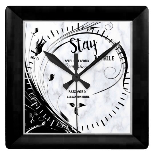 White Marble, Black Filigree Graphic Square Wall Clock | Zazzle.com